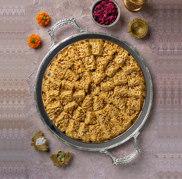 Silver Plated Thaal With Pine Nuts Barfi – Meethi